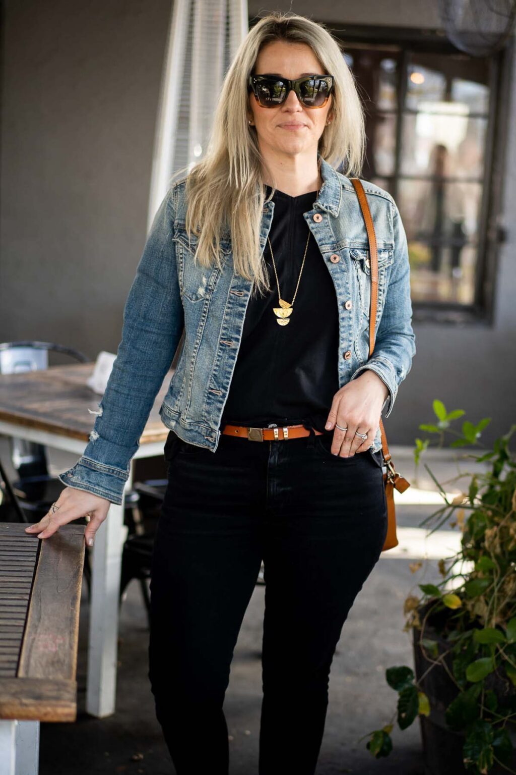 Black Jeans with Blue Jean Jacket Outfit